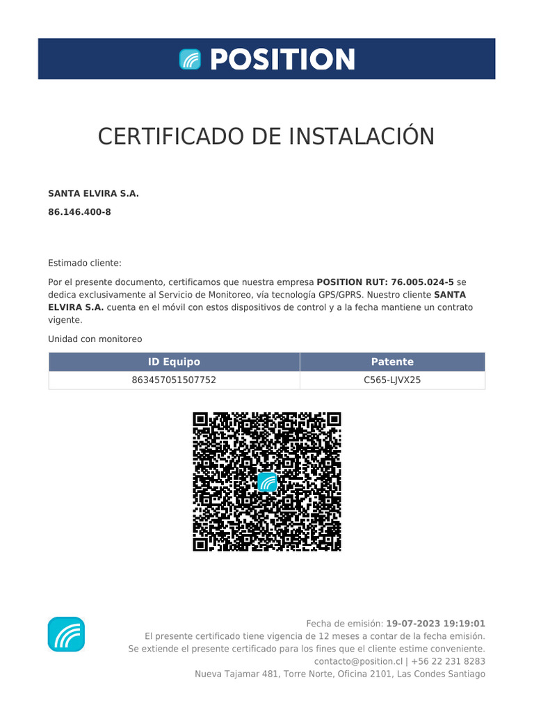 Certificado Instalacion C565-LJVX25 | PDF