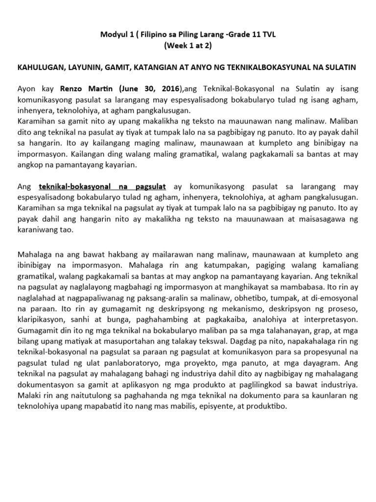 Grade 11-Filipino Sa Piling Larang Handouts | PDF