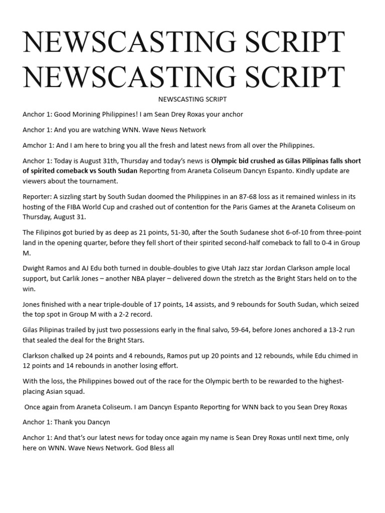 Newscasting Script | PDF