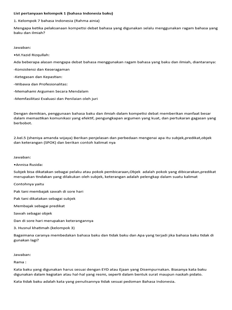 List Pertanyaan Kelompok BINDO | PDF