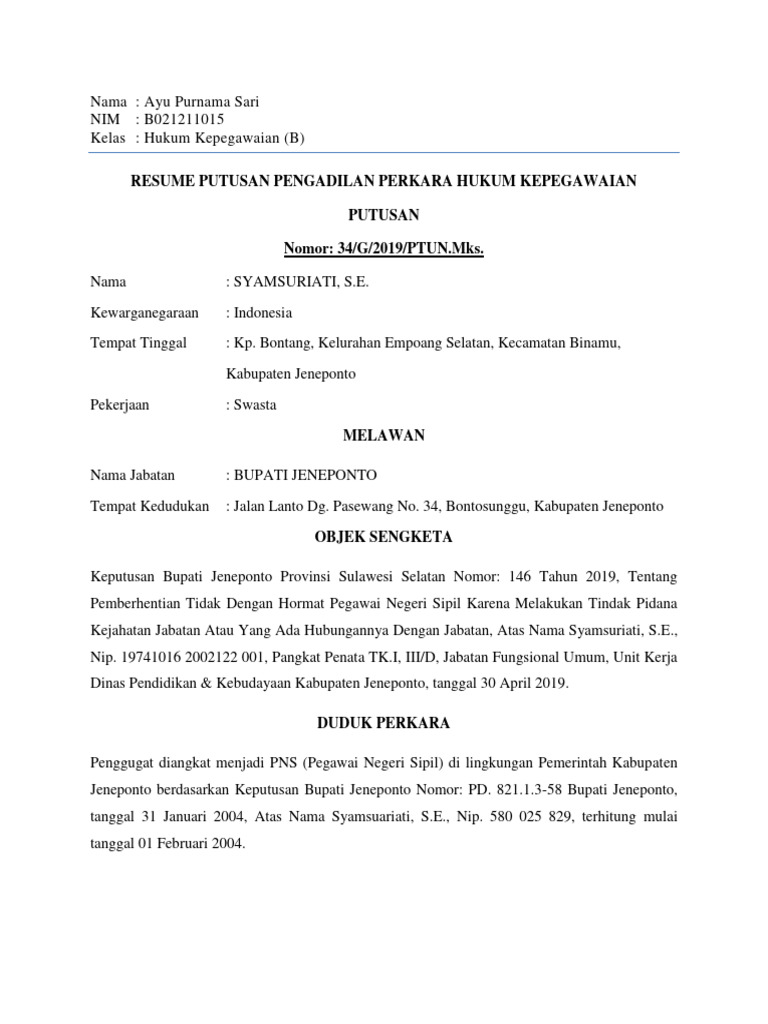 Ayu Purnama Sari - Resume Perkara TUN - Kepegawaian | PDF