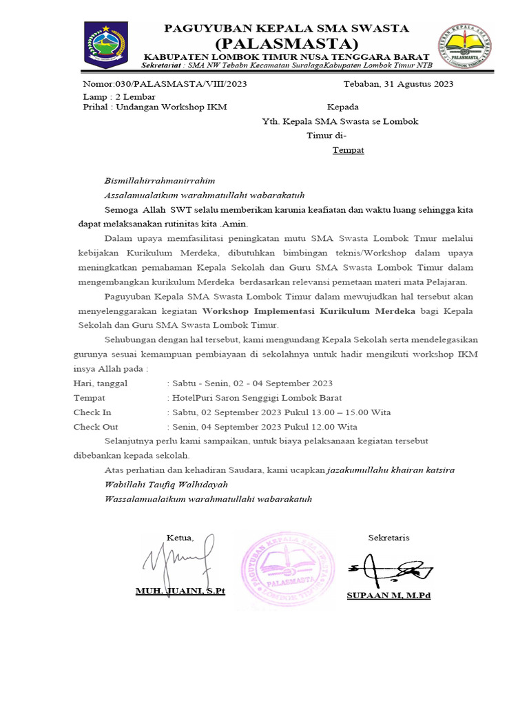Surat Undangan Workshop IKM Palasmasta 2023 | PDF