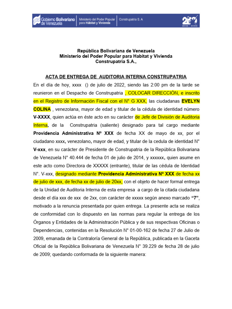 Acta de Entrega Modelo Auditoria | PDF | Auditoría | Administración Pública