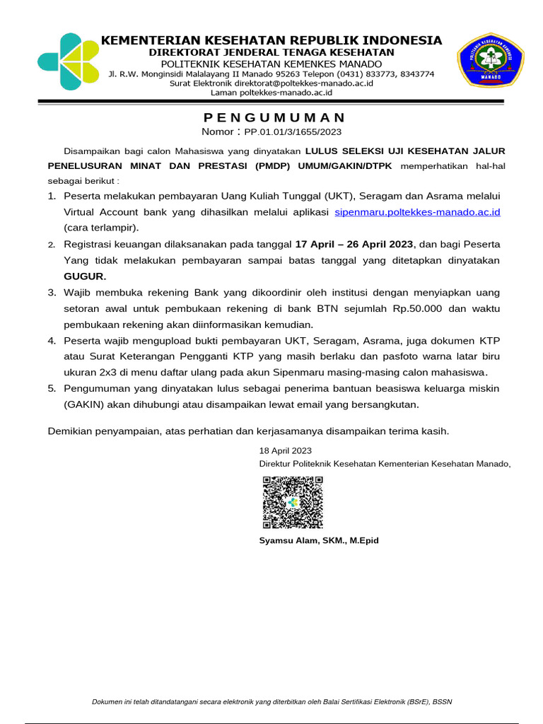 PENGUMUMAN Kelulusan Uji Kesehatan PDMP 2023 - Compressed | PDF