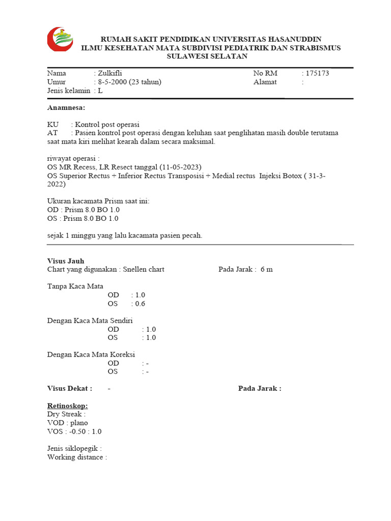 MT - Zulkifli - OS 6th Nerve Palsy Post MR Recess + LR Resect | PDF