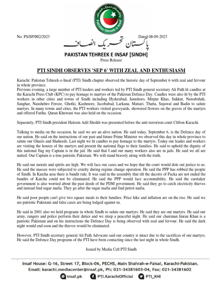 PTI Sindh Observes Defence Day 2023 | PDF | Pakistan | Politics Of Pakistan