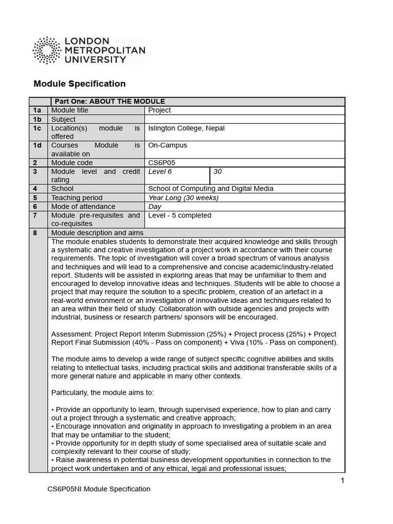 Project Module Specification CS6P05 | PDF | Computing | Project Management