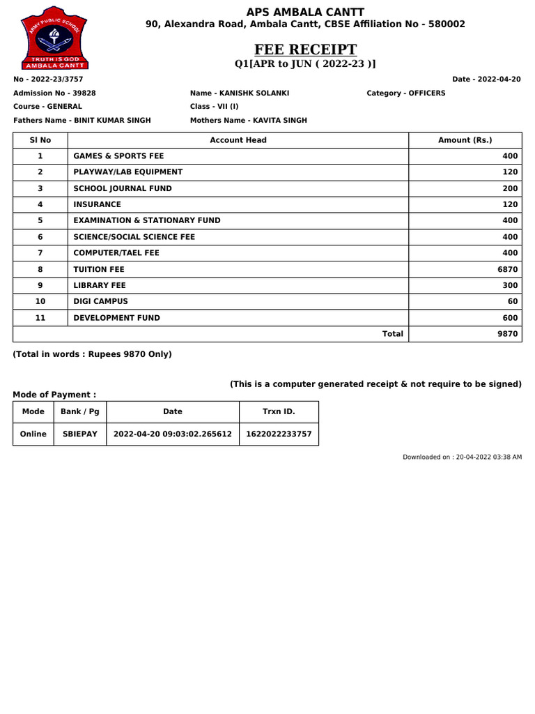 Aps Fee Reciept Apr-Jun 2022 | PDF | Business Economics | Trade