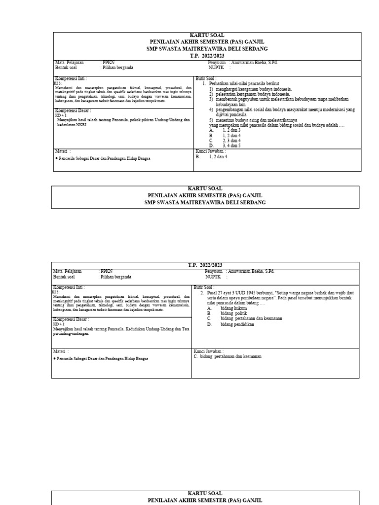 PPKN - Ix - Kartu Soal - Pas Genap | PDF