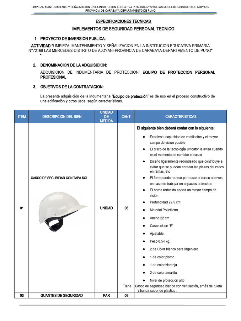 Especificaciones EPP TECNICO | PDF | Guante | Sector secundario de la economía