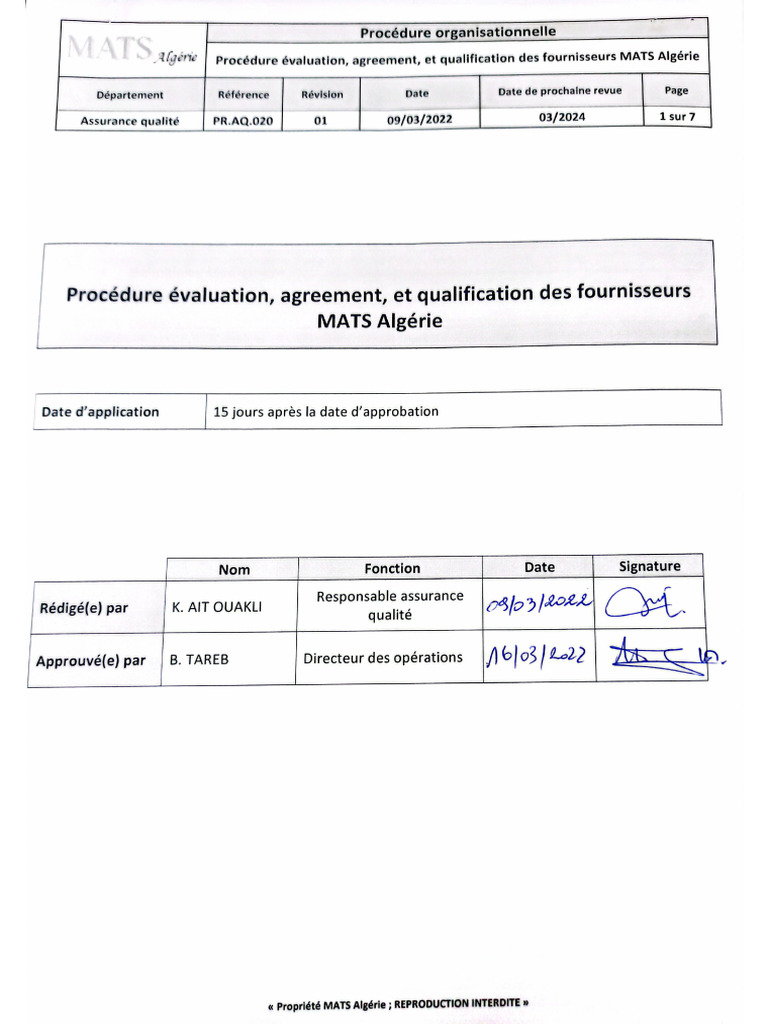 Procedure Evaluation Agreement Et Qualification Des Fournisseurs | PDF