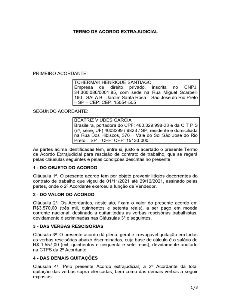 Termo de Acordo Extrajudicial Trabalhista | PDF | Hora extra | Direito ...