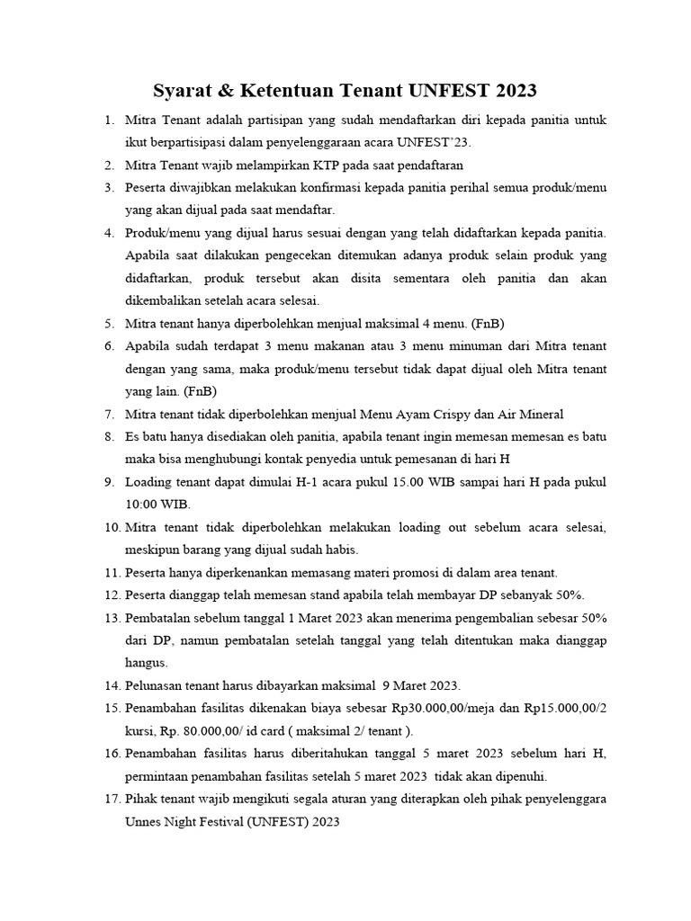 Syarat Dan Ketentuan Tenant Unfest 2023 | PDF