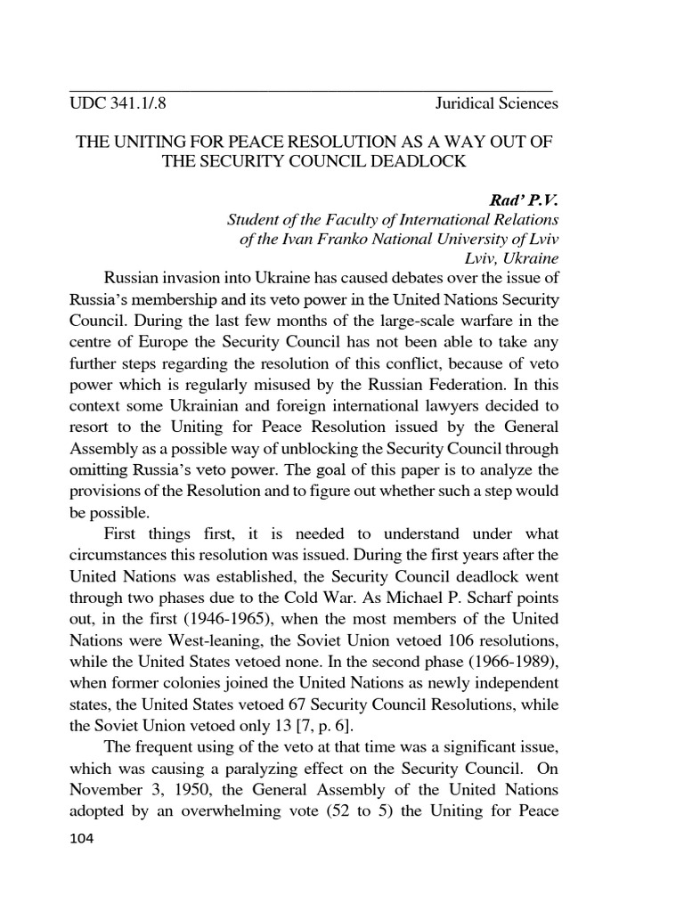 The Uniting For Peace Resolution As A Way Out of The Security Council ...