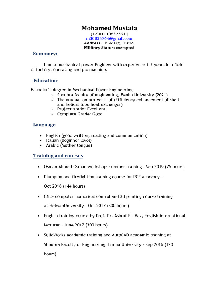 Mohamed Mostafa - Mechanical Power Engineer | PDF | Engineering ...