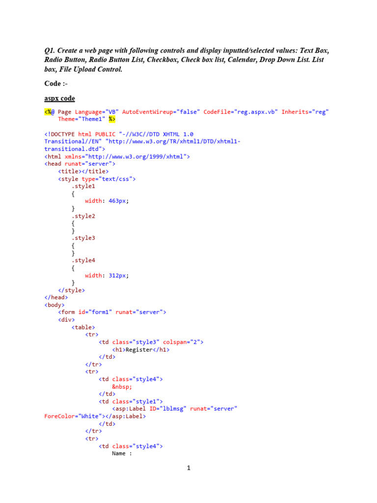 Code:-Aspx Code: Doctype HTML Head Title Title Style .Style1 | PDF | Java (Programming Language ...