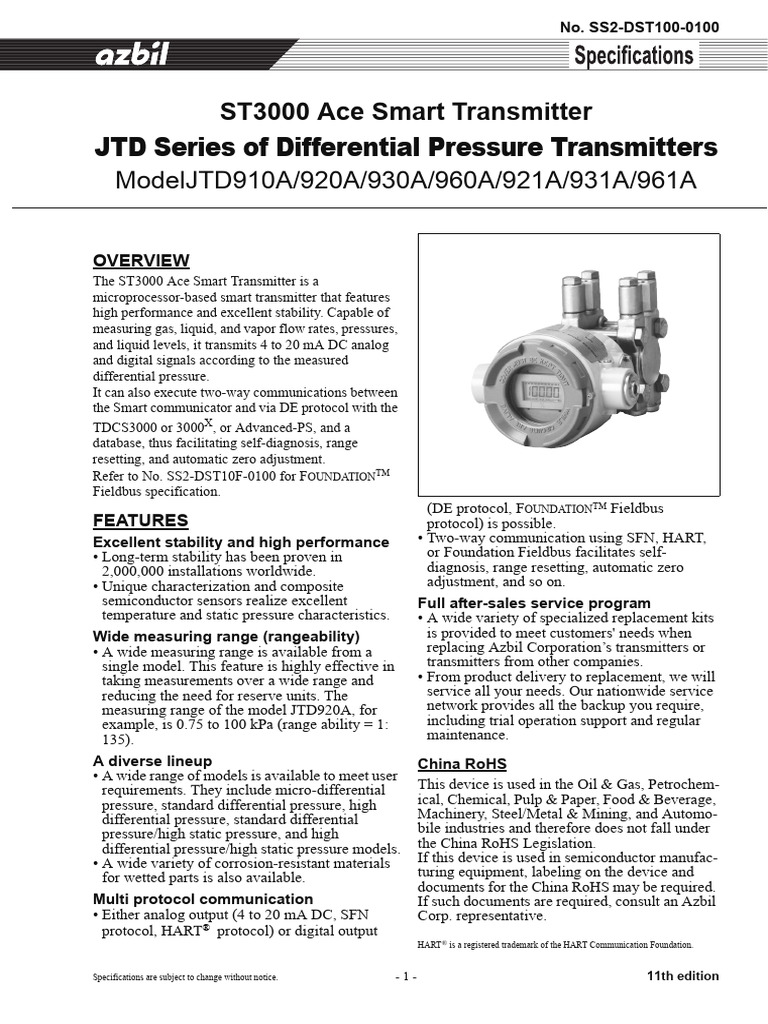 JTD Series of Differential Pressure Transmitters: Modeljtd910A/920A/930A/960A/921A/931A/961A ...