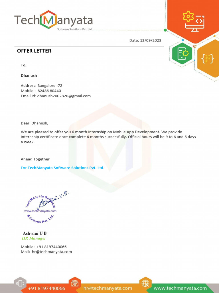 TechManyata - Intership Offer Letter - Dhanush | PDF