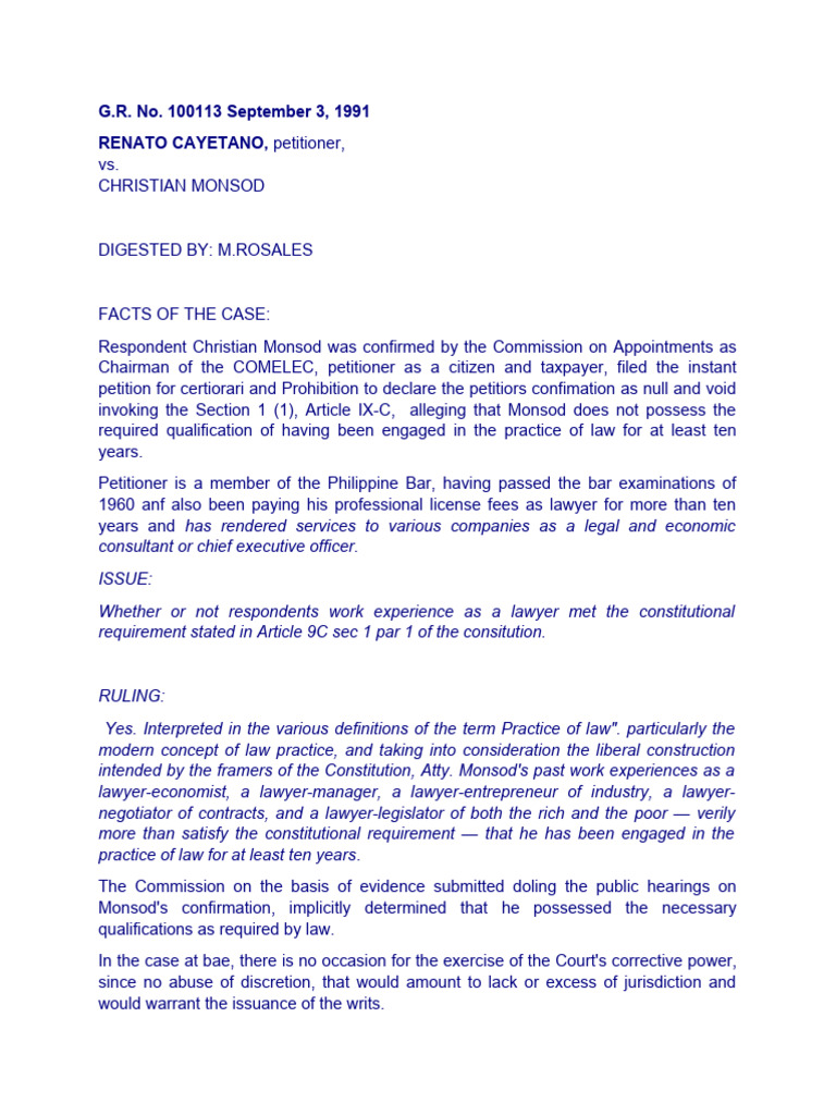 Cayetano vs. Monsod Case Digest | PDF