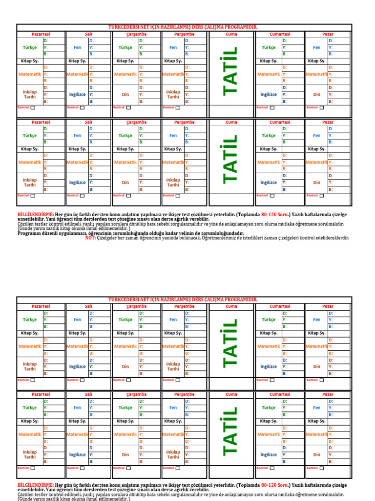 Ders Calisma Programi 8 Tatilli | PDF