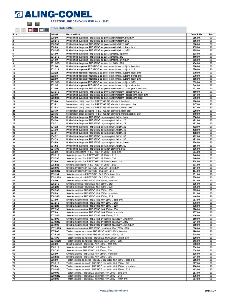 PRESTIGE Cenovnik Novembar 2022 Aling-Conel KEGL1jJ | PDF