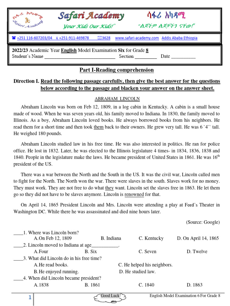 Grade 8 English Model Exam 2022 | PDF