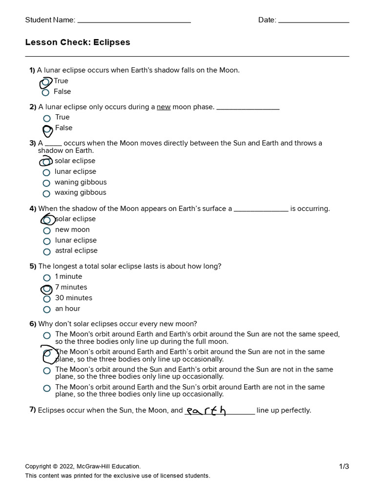 WS Lesson Check Eclipses | PDF | Solar Eclipse | Moon