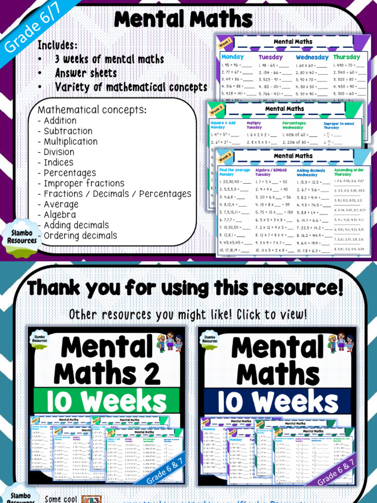 Includes: - 3 Weeks of Mental Maths - Answer Sheets - Variety of ...