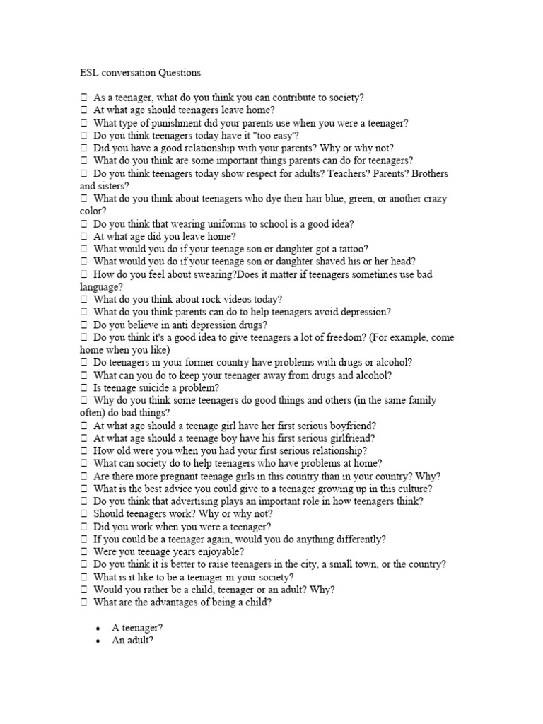 ESL Conversation Questions | Download Free PDF | Adolescence | Human ...