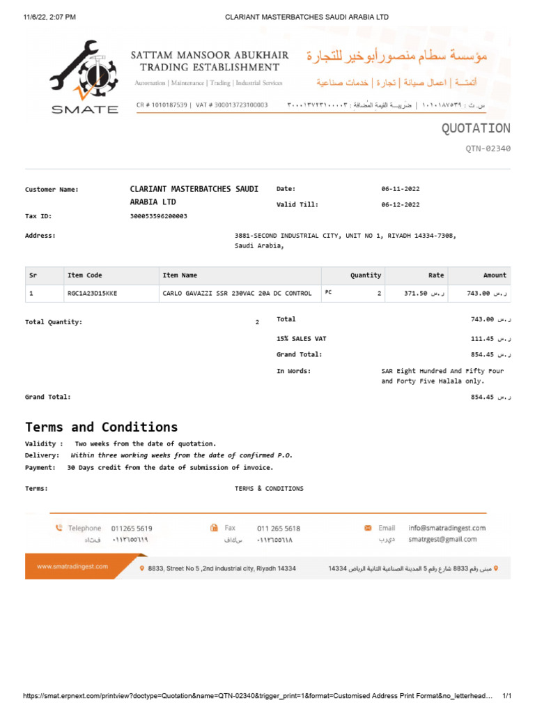 Quotation QTN-02340 for Clariant Saudi | PDF