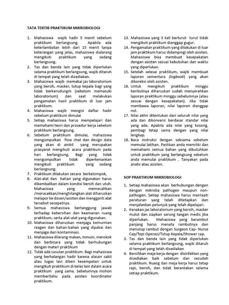 Tata Tertib Praktikum Mikrobiologi 2023 | PDF