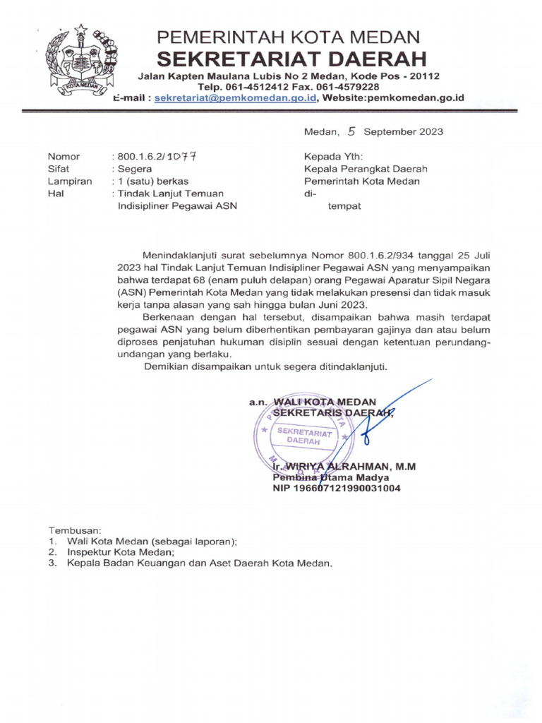 Surat Susulan Tindak Lanjut Temuan Pegawai ASN Indisipliner | PDF