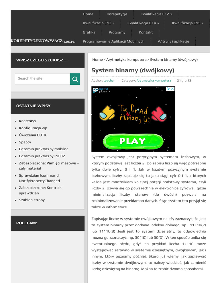 System Binarny (Dwójkowy) - Materiały Dydaktyczne, Korepetycje Nowy Sącz | PDF
