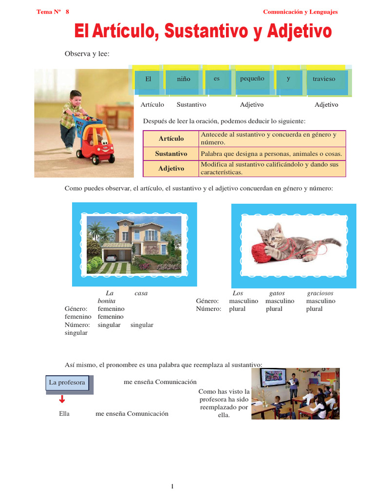 Tema #8 El Artículo, Sustantivo, Adjetivo y Pronombre | PDF | Adjetivo ...