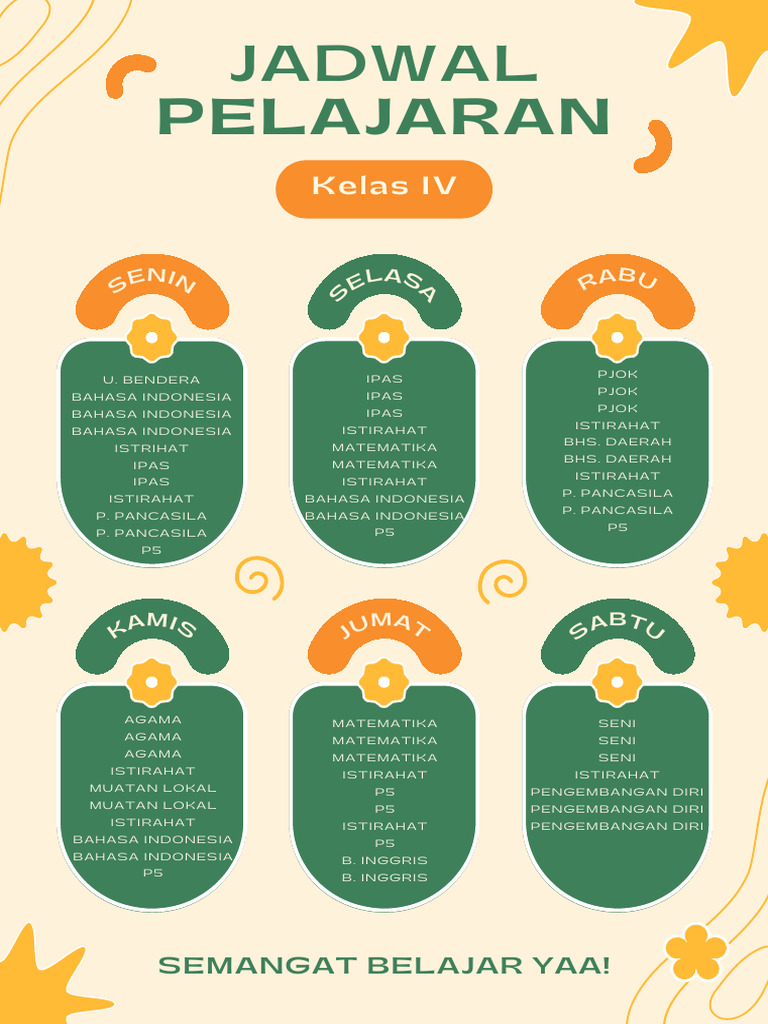 Jadwal Pelajaran Kelas Estetik Lucu Krem Hijau Oranye | PDF