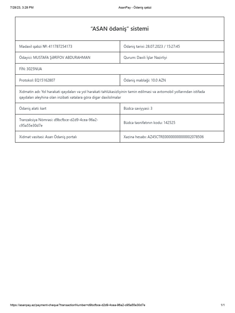 AsanPay - Ödəniş Qəbzi | PDF