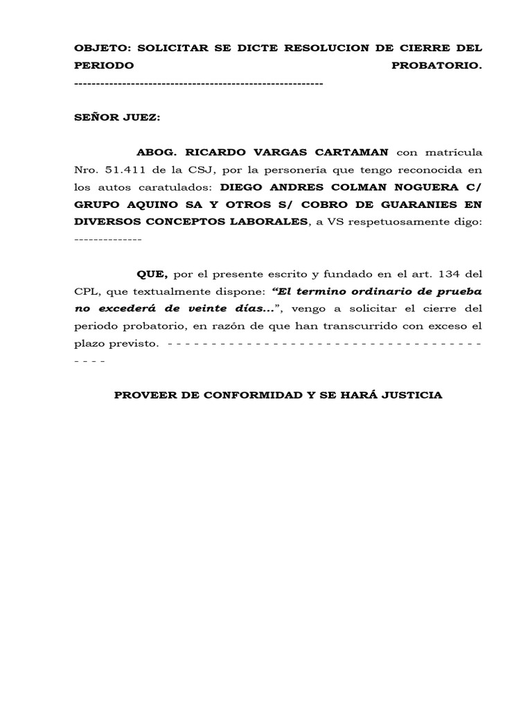 Solicitar Cierre Del Periodo Probatorio | PDF