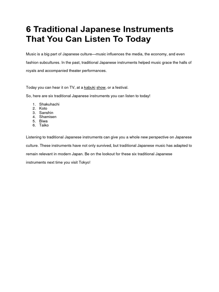 6 Traditional Japanese Instruments - Today | PDF | Japan | Entertainment