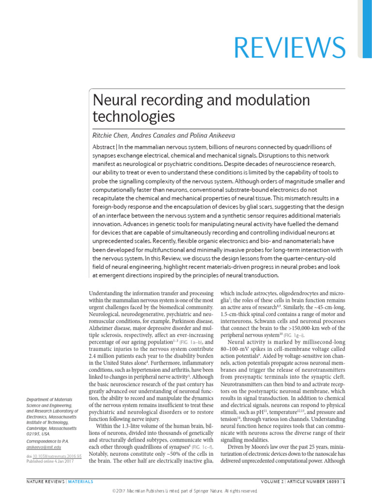 2017 - Neural Recording and Modulation Technologies | PDF | Neuron | Nervous System