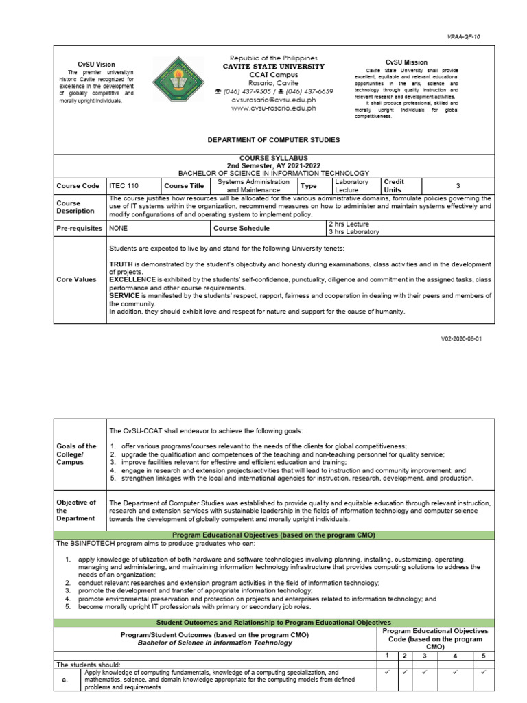 ITEC 110 - System Administration and Maintenance - Syllabus | PDF | Computing | Computer File