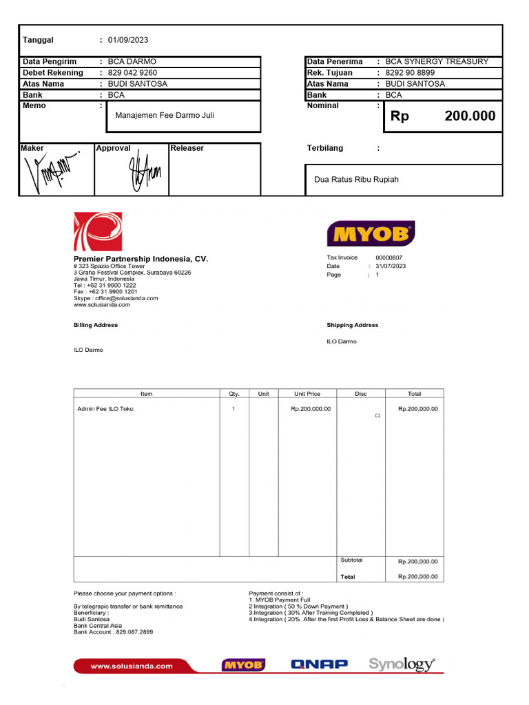 Slip Pemindahan Dana BCA Juli 2023 | PDF