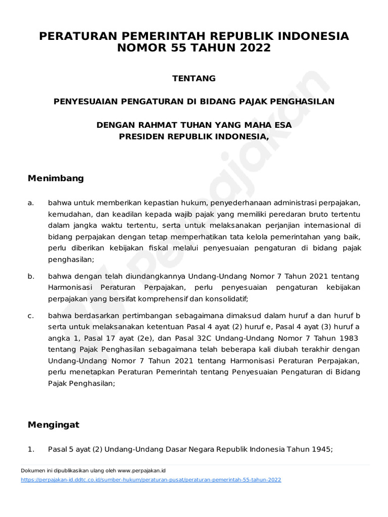 Peraturan Pemerintah Nomor 55 TAHUN 2022 | PDF