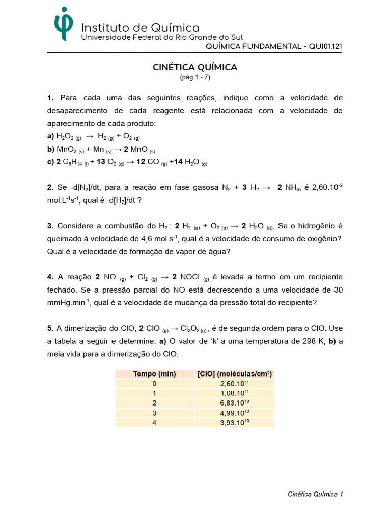Lista área Ii Química Fundamental Pdf Equilíbrio Químico Reações