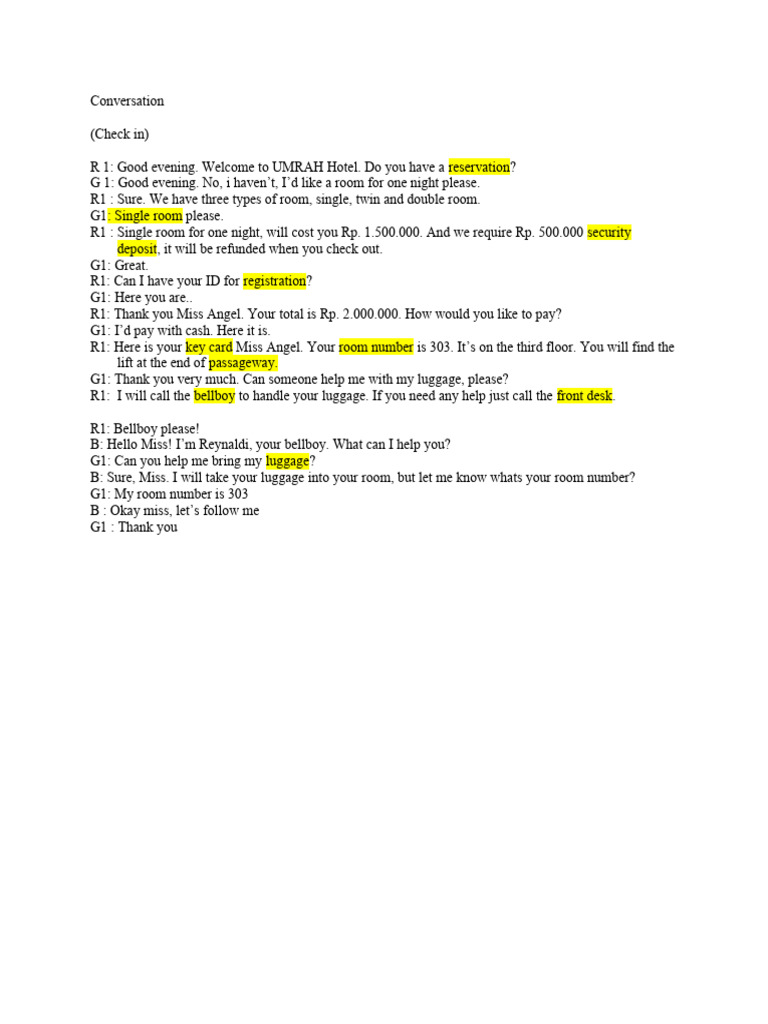 Conversation Hotel (Check in & Check Out) | PDF