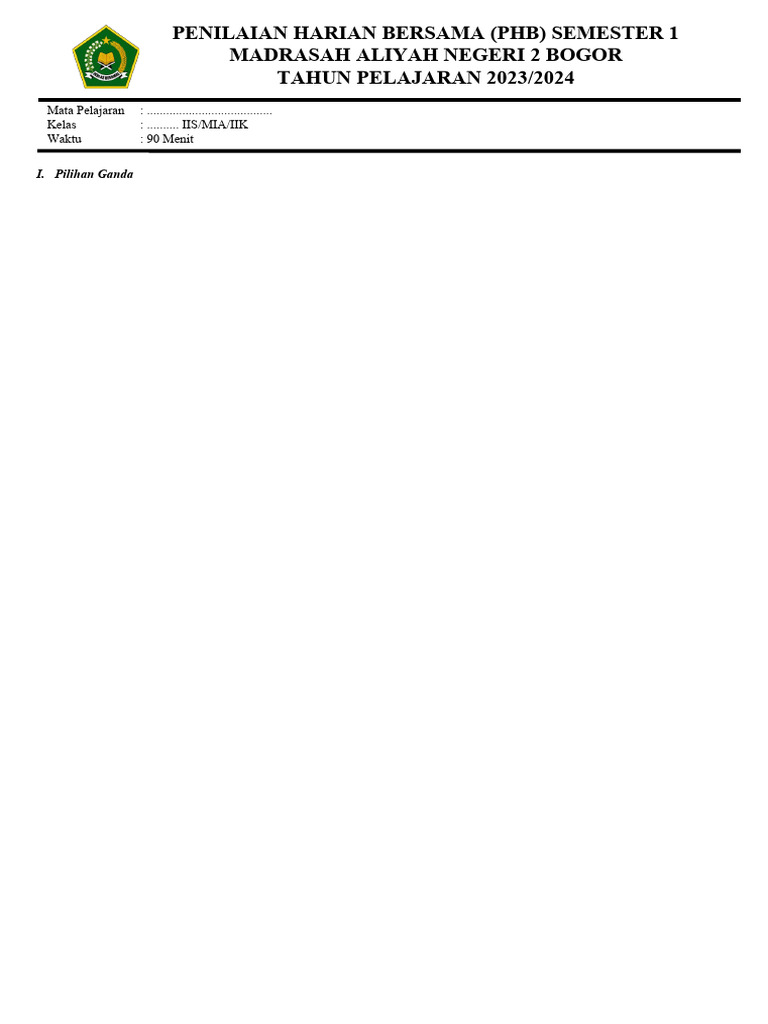 Kop Soal PHB Format 1 | PDF