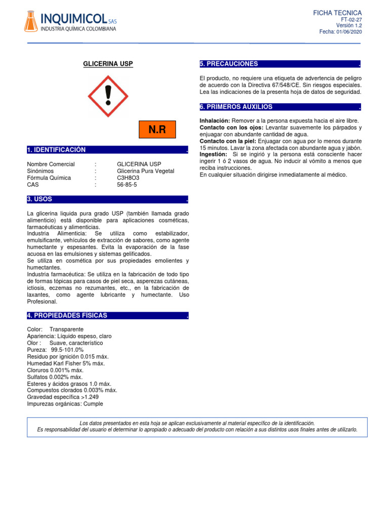 FT-02-27 Glicerina USP 1.2 (1) | PDF | Glicerol | Agua
