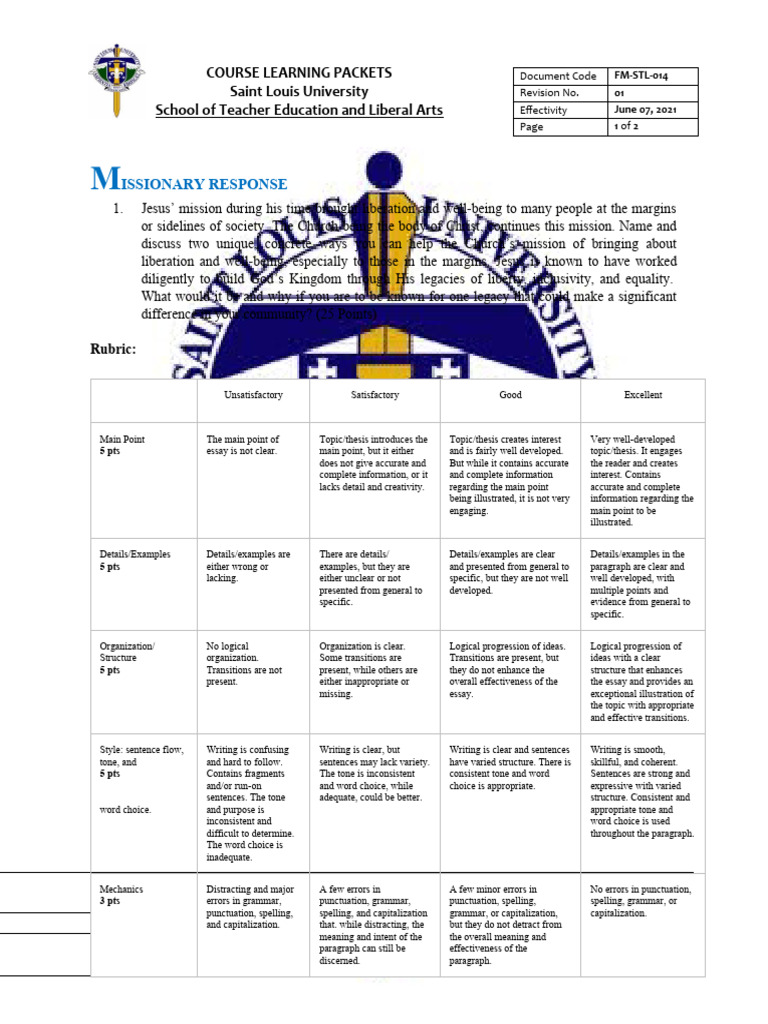 Missionary Engagement Essay Rubric | PDF | Essays | Human Communication