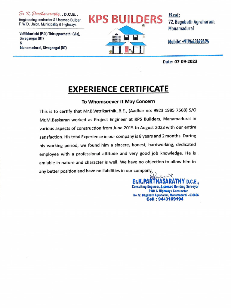 Civil Engineer Experience Certificate | PDF