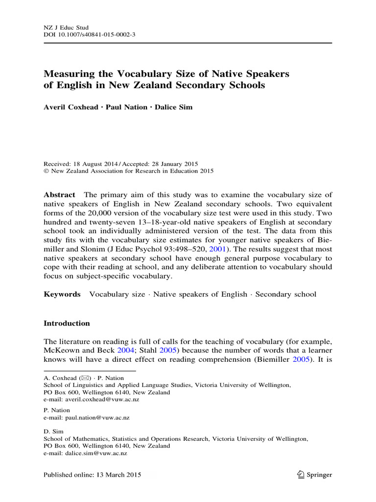 Measuring The Vocabulary Size of Native Speakers of English in NZ Secondary Schools | PDF ...