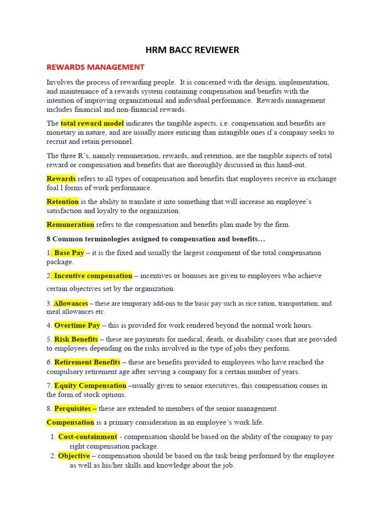 HRM Bacc Reviewer | PDF | Compensation And Benefits | Employment